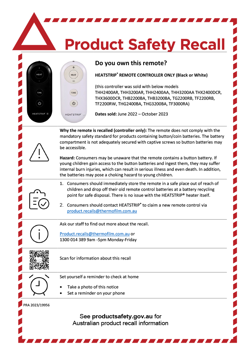 Heatstrip Remote Product Safety Recall | Rexel Australia